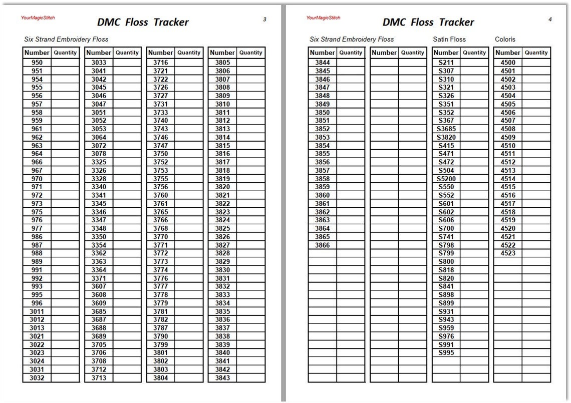DMC Color Chart Floss Inventory Tracker digital PDF - Etsy