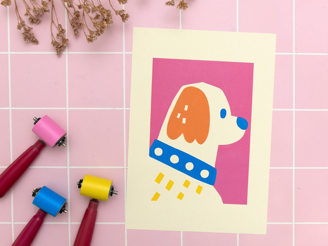 Colorful Linocut Print Dog Portrait, Hand Printed Linoleum Art for Kids ...