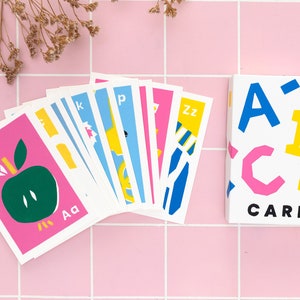 Colorful Linocut Print ABC Flashcard Set A to Z, Letter Learning Card ...