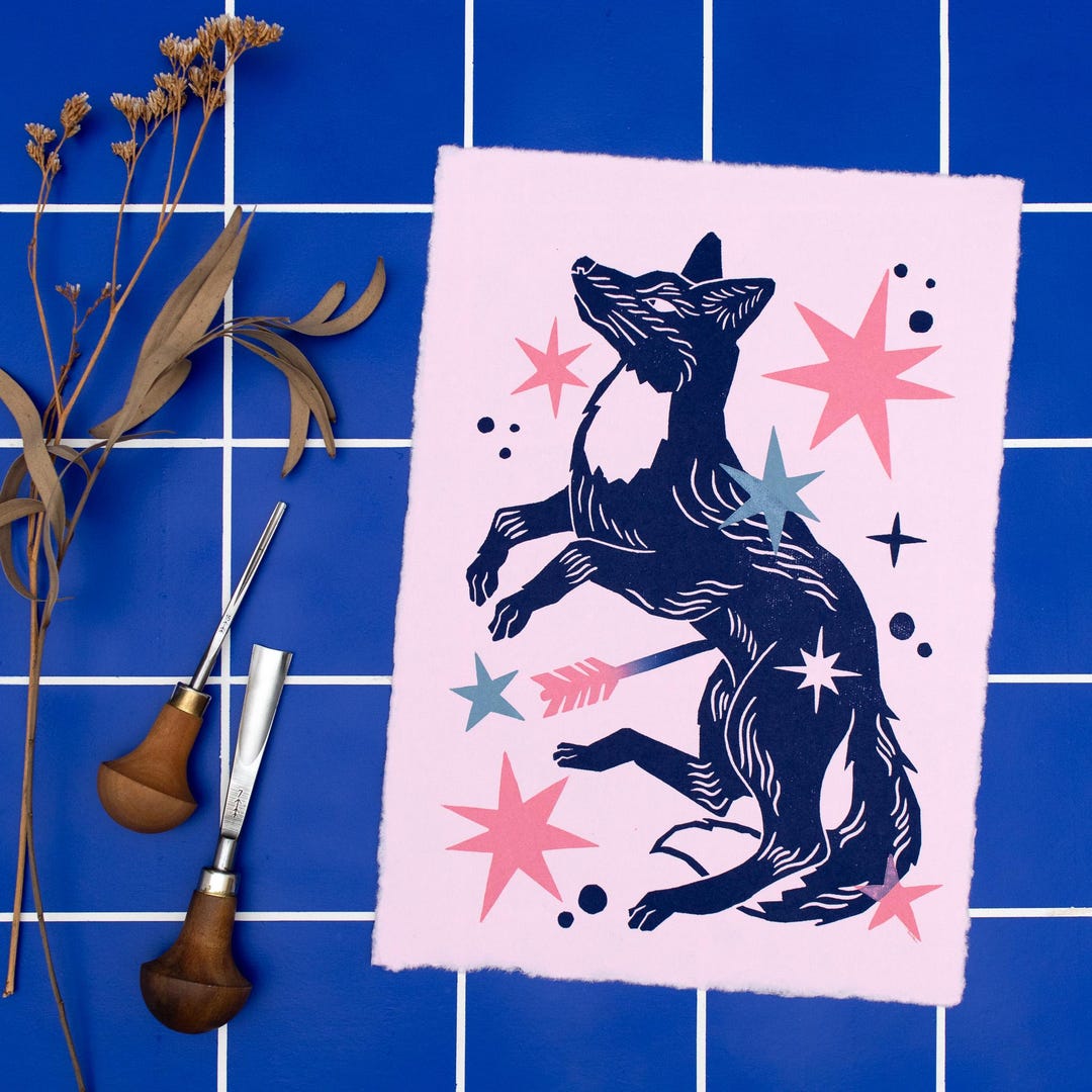 Colorful Linocut Fox Portrait, Hand Printed Linoleum Art, Celestial Fox ...