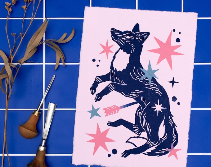 Colorful Linocut Fox Portrait, Hand Printed Linoleum Art, Celestial Fox and Stars, Handmade Art ...
