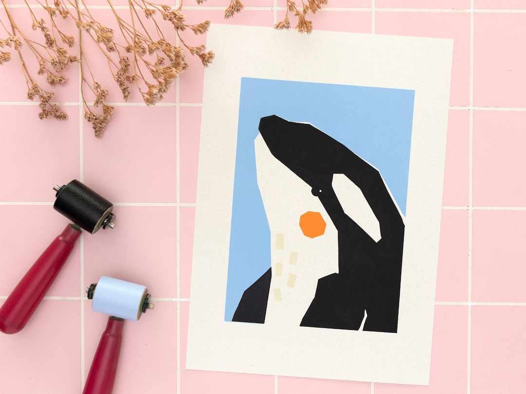 Colorful Linocut Print Orca Portrait A4, Hand Printed Linoleum Art for ...
