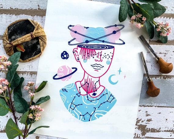 Linocut Print Space Astronaut Galaxy Lino | Etsy