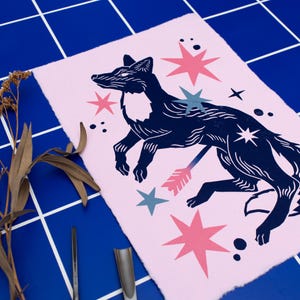 Colorful Linocut Fox Portrait, Hand Printed Linoleum Art, Celestial Fox ...