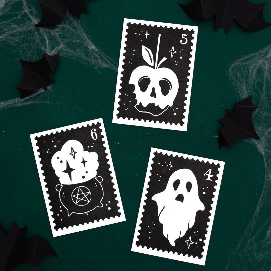 Halloween Linocut Postcards Set, Black Print With Spooky Designs Framed ...