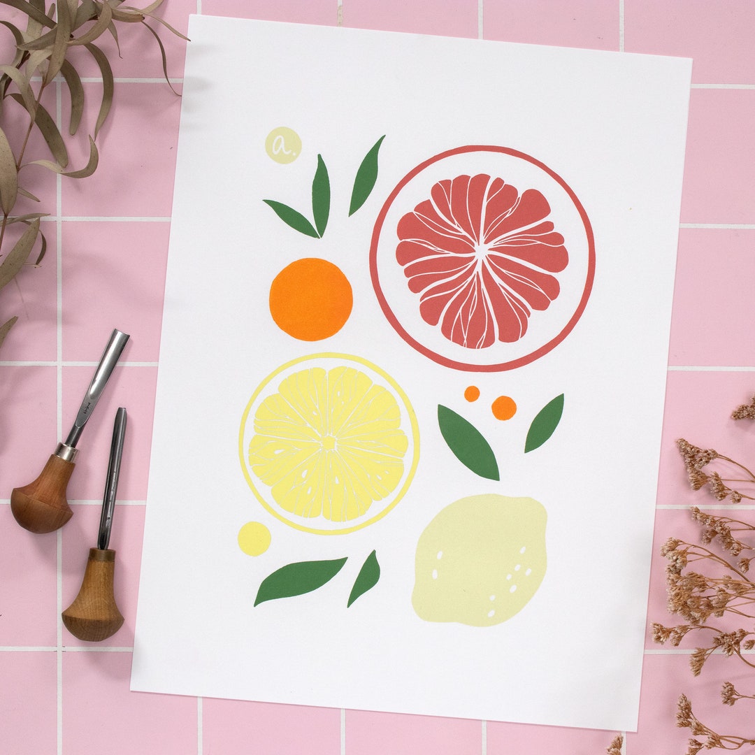 Linocut Print Lemon Orange Citrus, Abstract Tropical Fruit Illustration ...