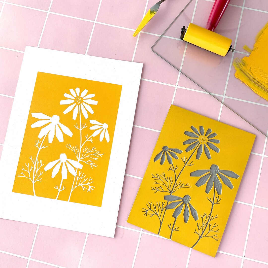 Colourful Linocut Print Chamomile Plant, Botanical Art Hand Printed ...
