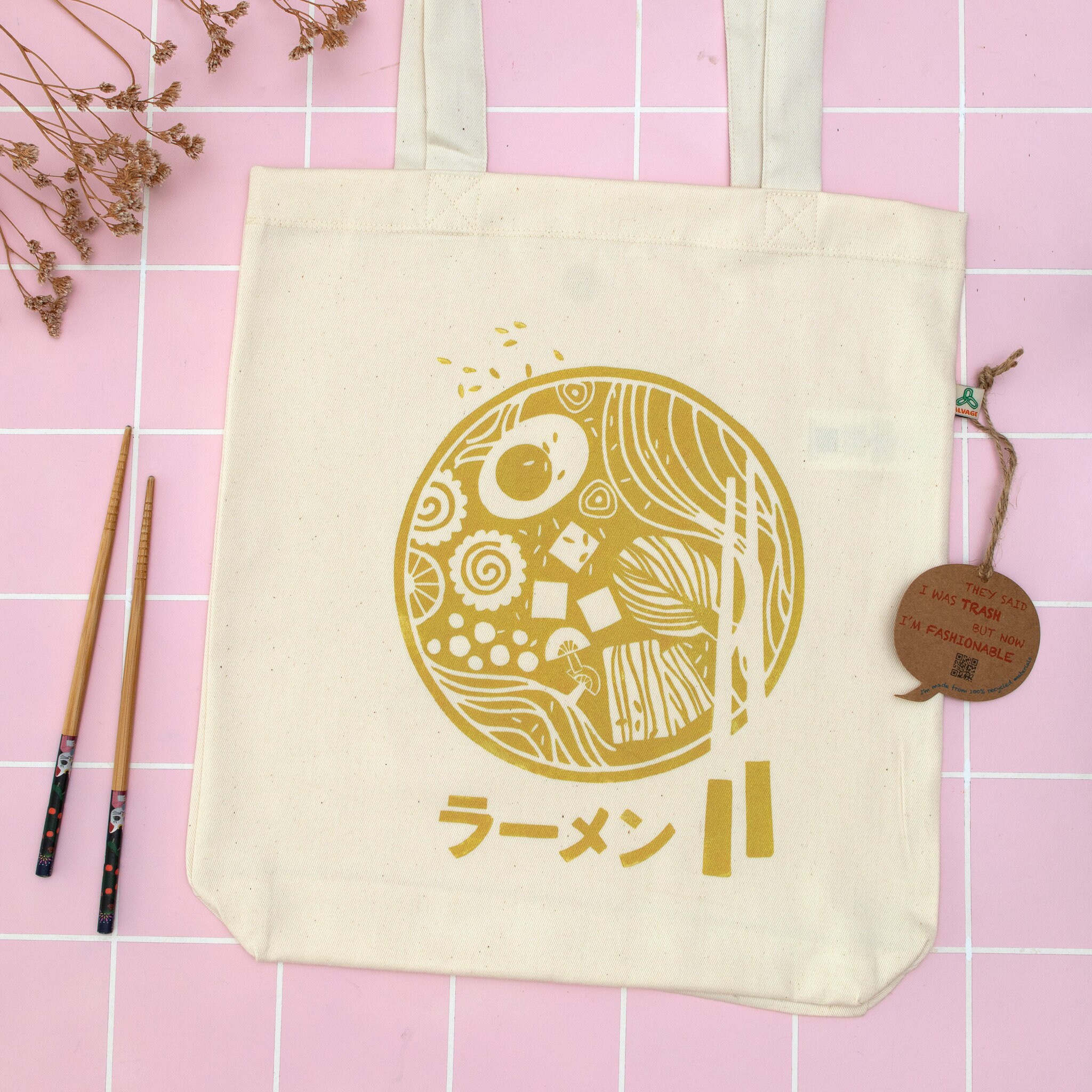 Tote Bag Ramen Bowl, Hand Printed Jute Bag With Noodle Soup, Handmade ...