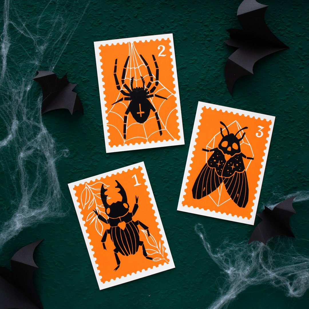 Halloween Linocut Postcards Set, Black Orange Print With Spooky Designs ...