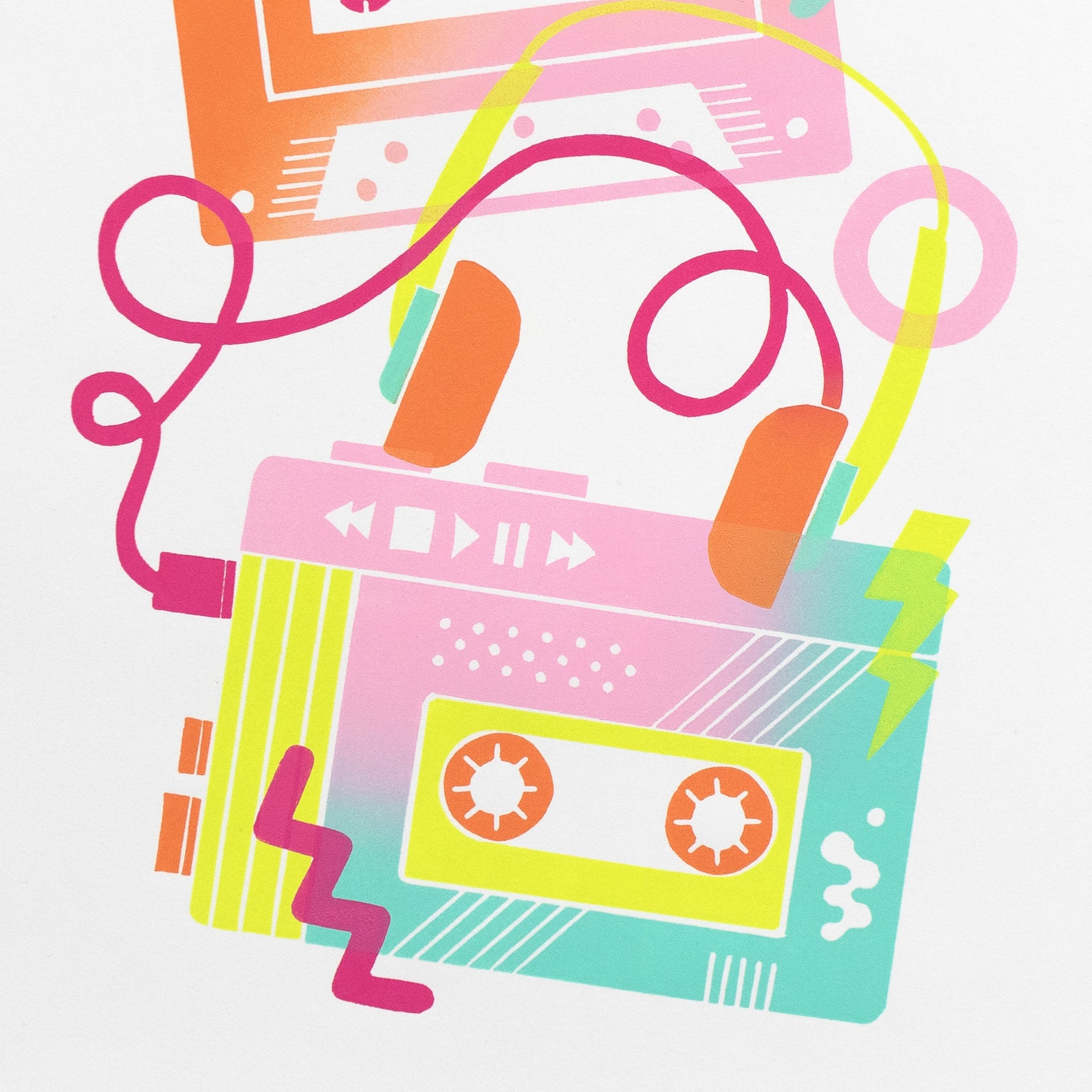 Linocut Retro Walkman, 30x40 Print Memphis Design, Original Art Sunset ...