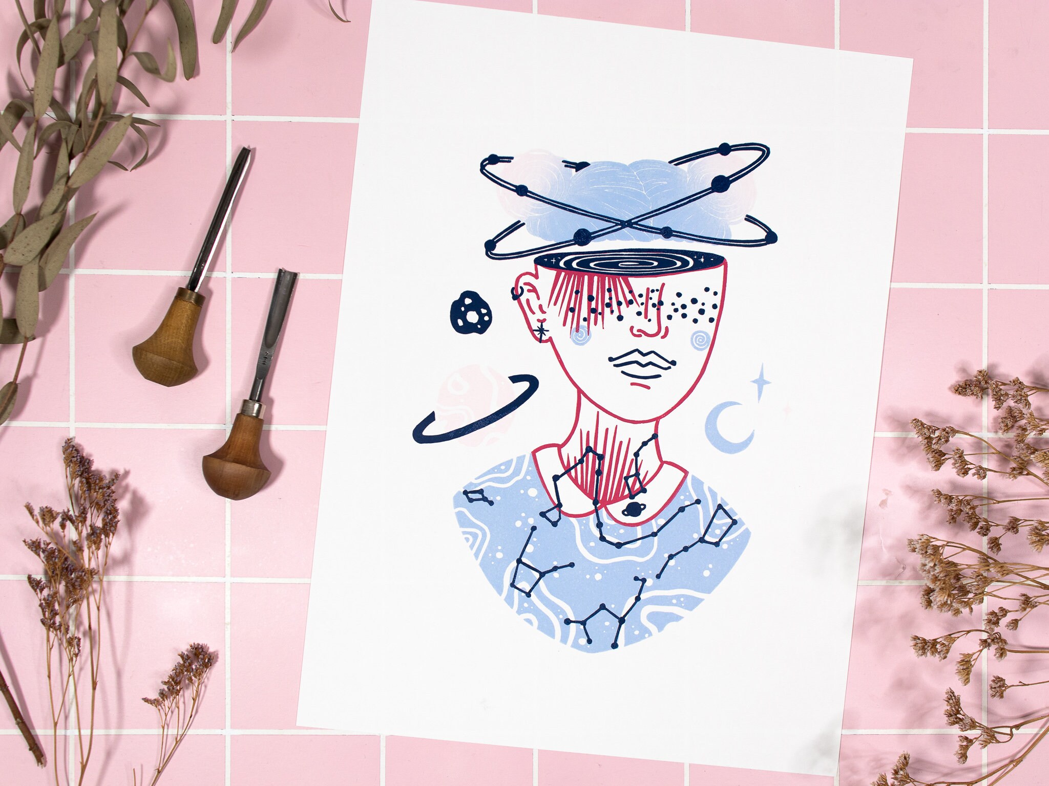 Linocut Print Space Astronaut Galaxy Lino - Etsy