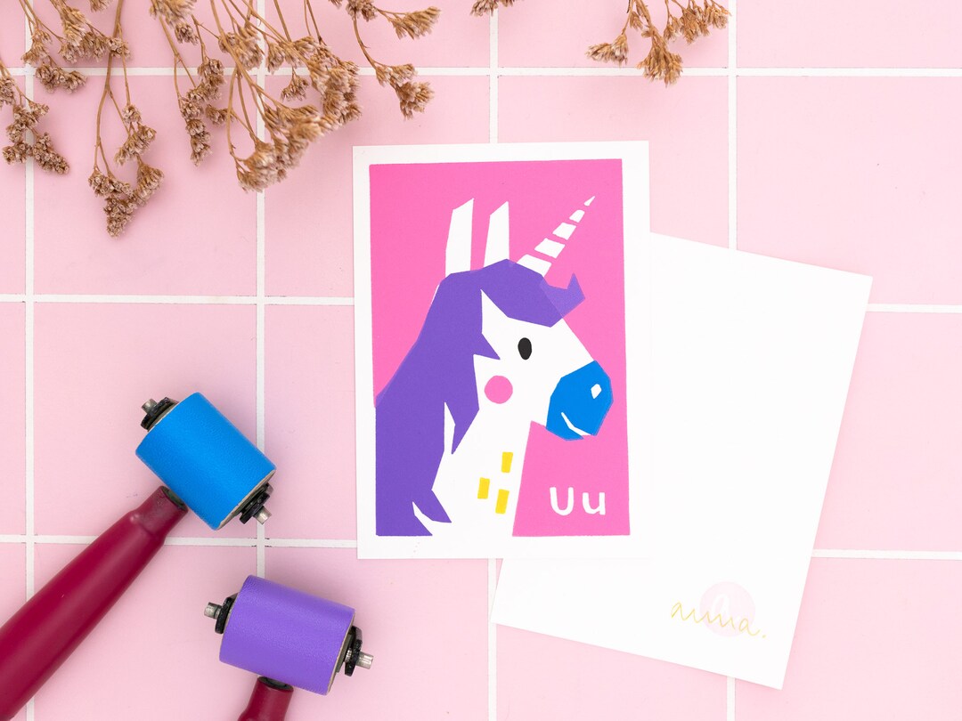 Colorful Linocut Print ABC Card Unicorn, Letter Learning Card for Kids ...