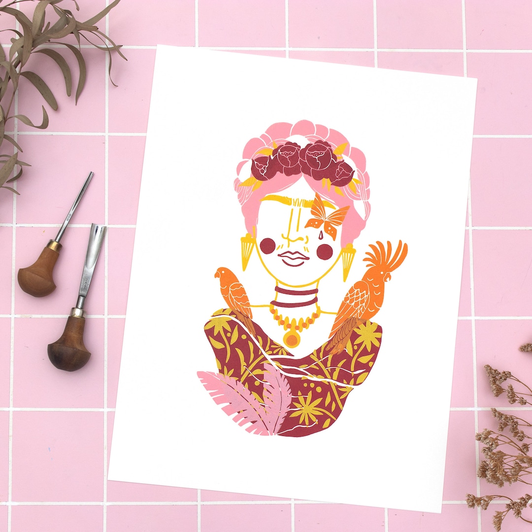 Colorful Linocut Print Frida Portrait, Hand Printed Lino Mexican ...