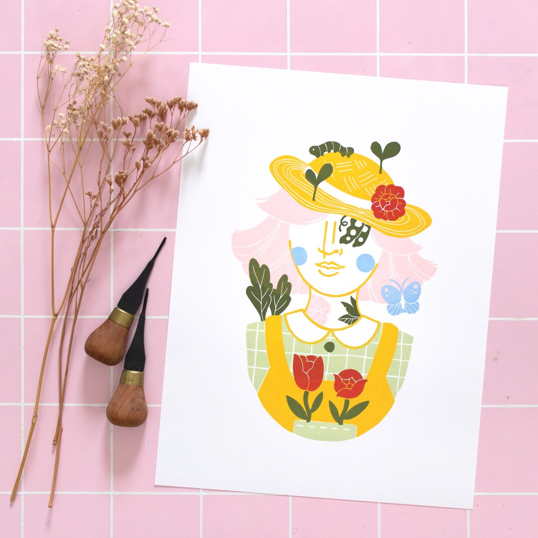 Colorful Linocut Print Gardener Portrait, Hand Printed Lino Flowers ...