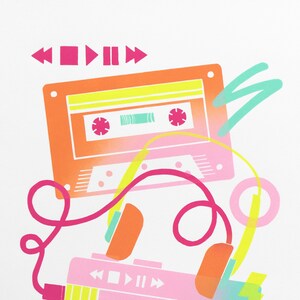 Linocut Retro Walkman, 30x40 Print Memphis Design, Original Art Sunset ...