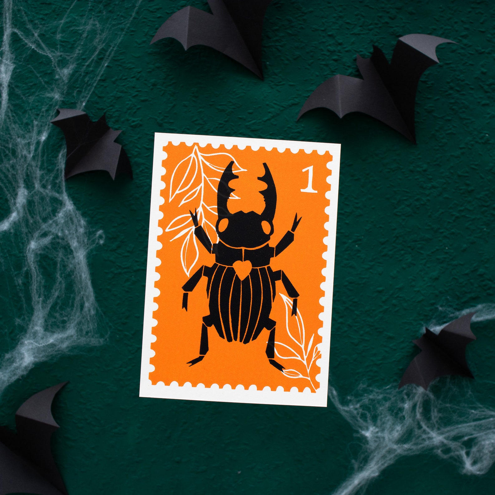 Halloween Linocut Postcards Set, Black Orange Print With Spooky Designs ...