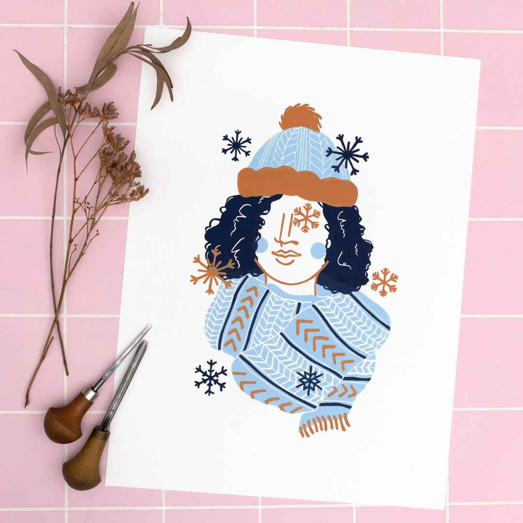 Colorful Linocut Print Hygge Winter Lady Portrait, Hand Printed Lino ...