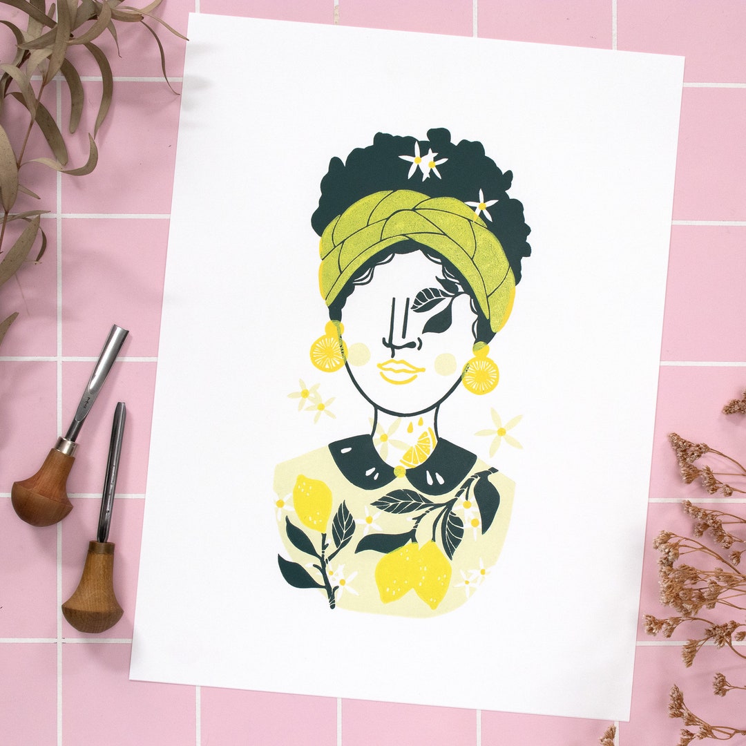 Linocut Print Lemon Girl, Yellow Citrus Tree Illustration, Vintage ...