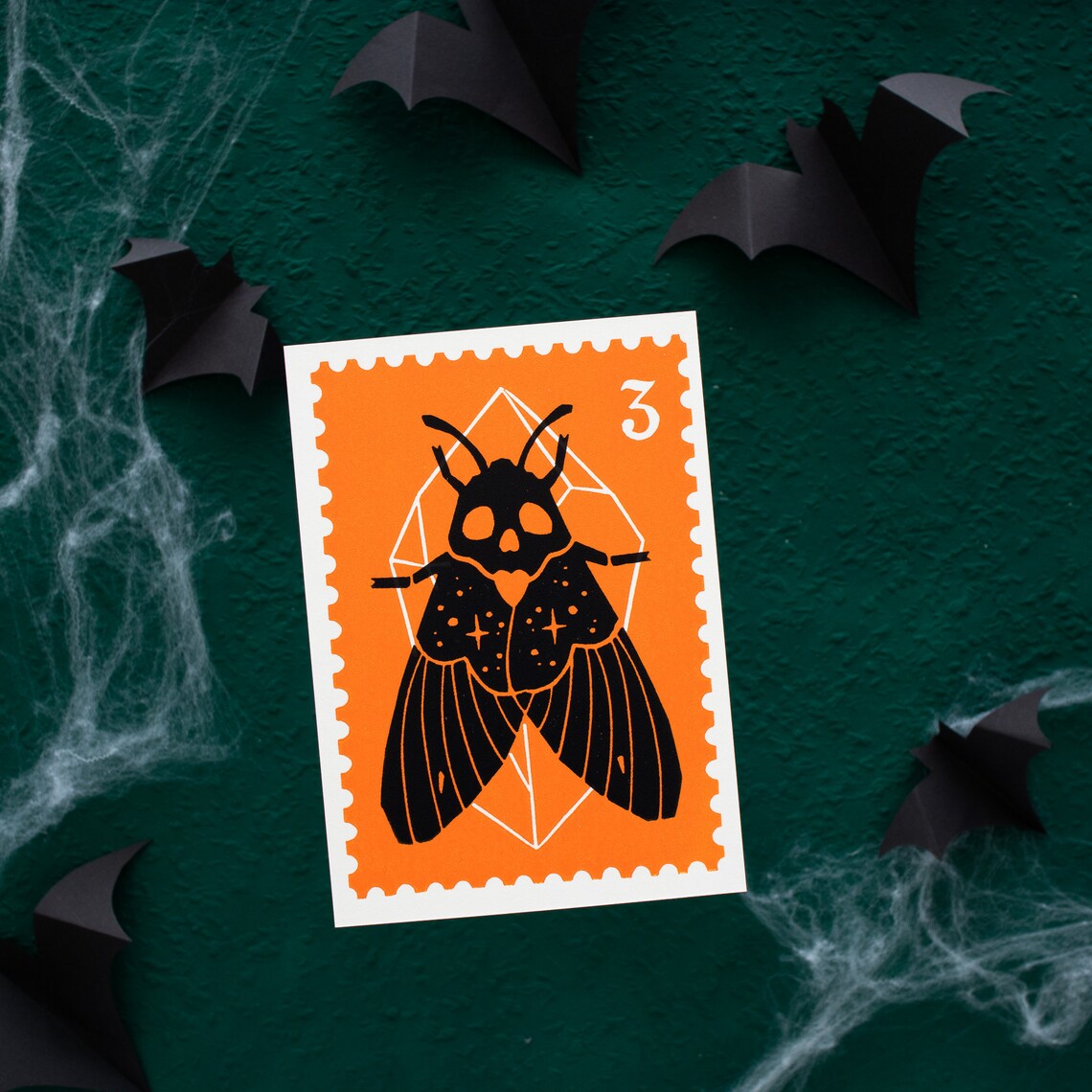 Halloween Linocut Postcards Set, Black Orange Print With Spooky Designs ...