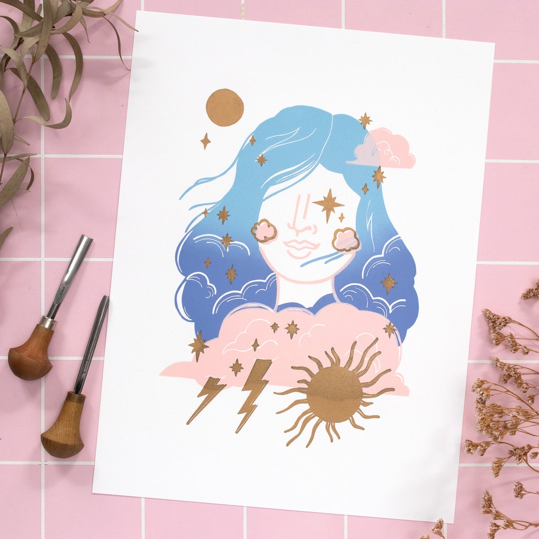 Colorful Linocut Print Clouds Lady Portrait, Hand Printed Lino Weather ...