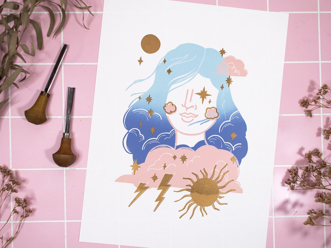Colorful Linocut Print Clouds Lady Portrait Hand Printed Lino - Etsy Canada