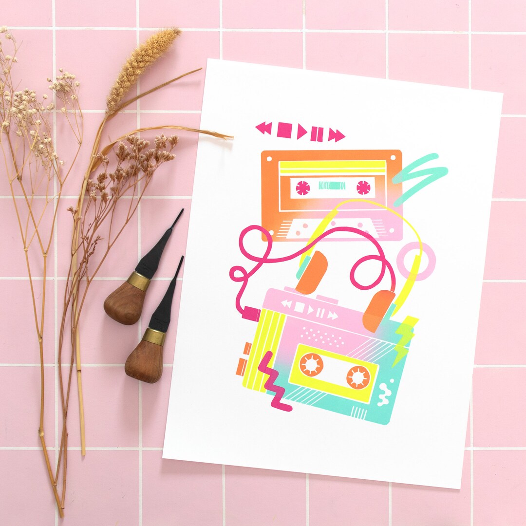 Linocut Retro Walkman, 30x40 Print Memphis Design, Original Art Sunset ...