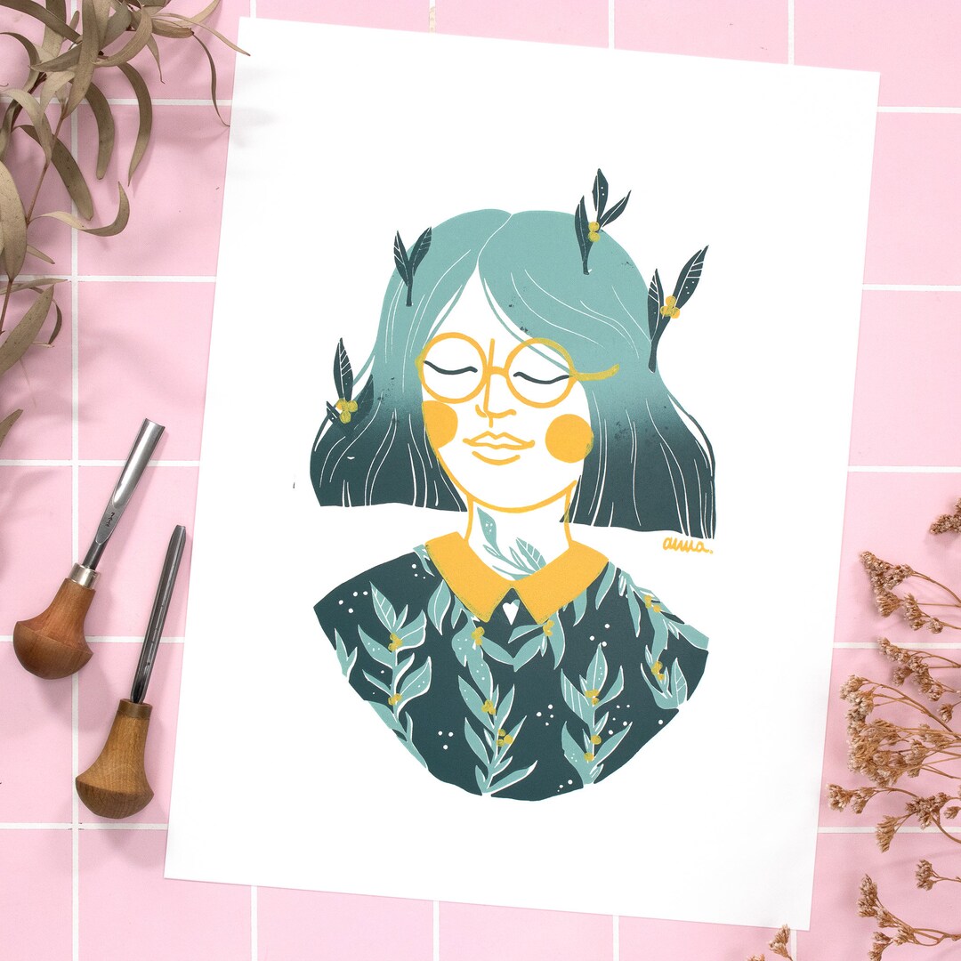 Colorful Linocut Print Plants Lady Portrait, Hand Printed Relief Art ...