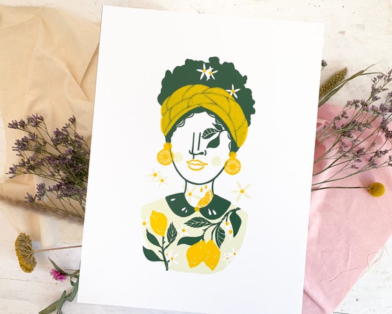 Linocut print lemon girl yellow citrus tree illustration | Etsy
