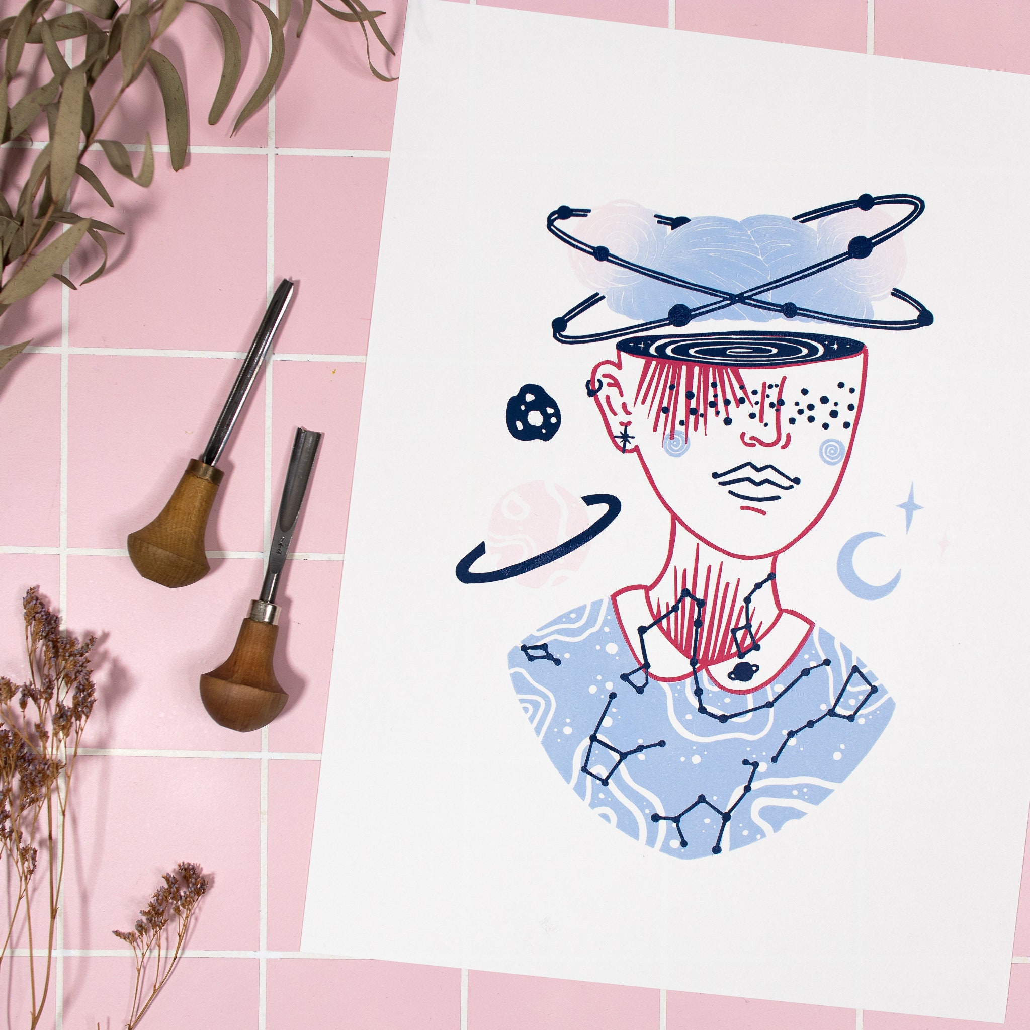 Linocut Print Space Astronaut Galaxy Lino - Etsy