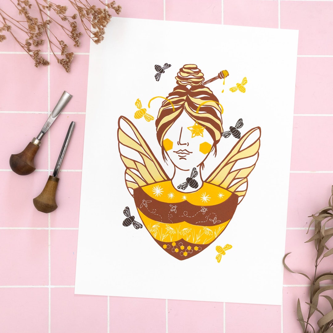 Colorful Linocut Print Bee Portrait, Hand Printed Lino Block Queen Bee ...