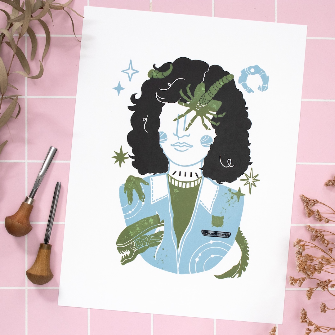 Linoleum Print Ellen Ripley Portrait, Hand Printed Linocut Alien ...