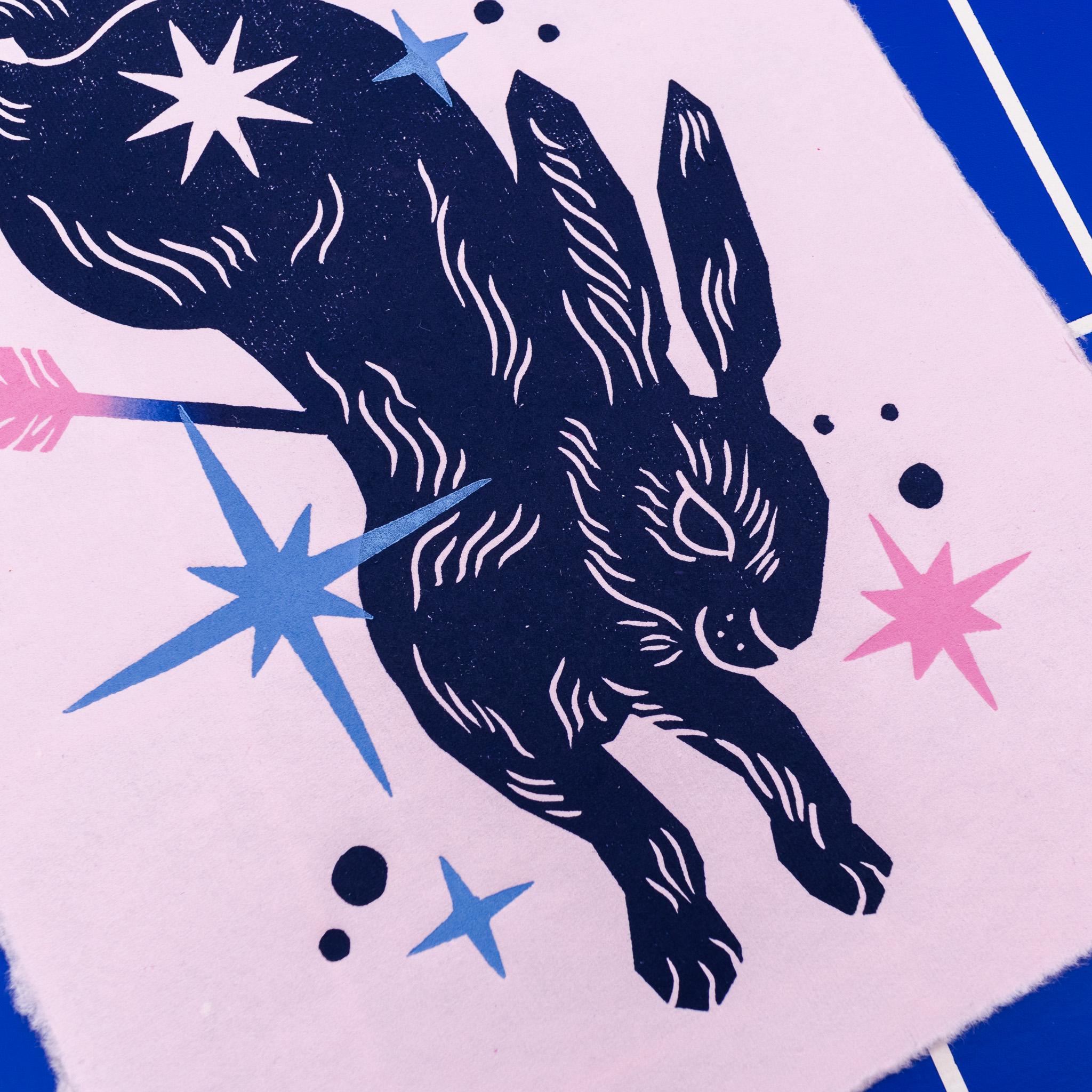 Colorful Linocut Rabbit Portrait, Hand Printed Linoleum Art, Celestial ...