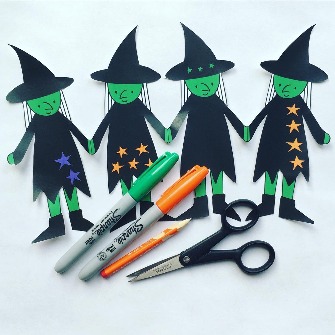 Printable WITCHES Paper Dolls Chain Template. PAPER DOLLIES, Kids ...