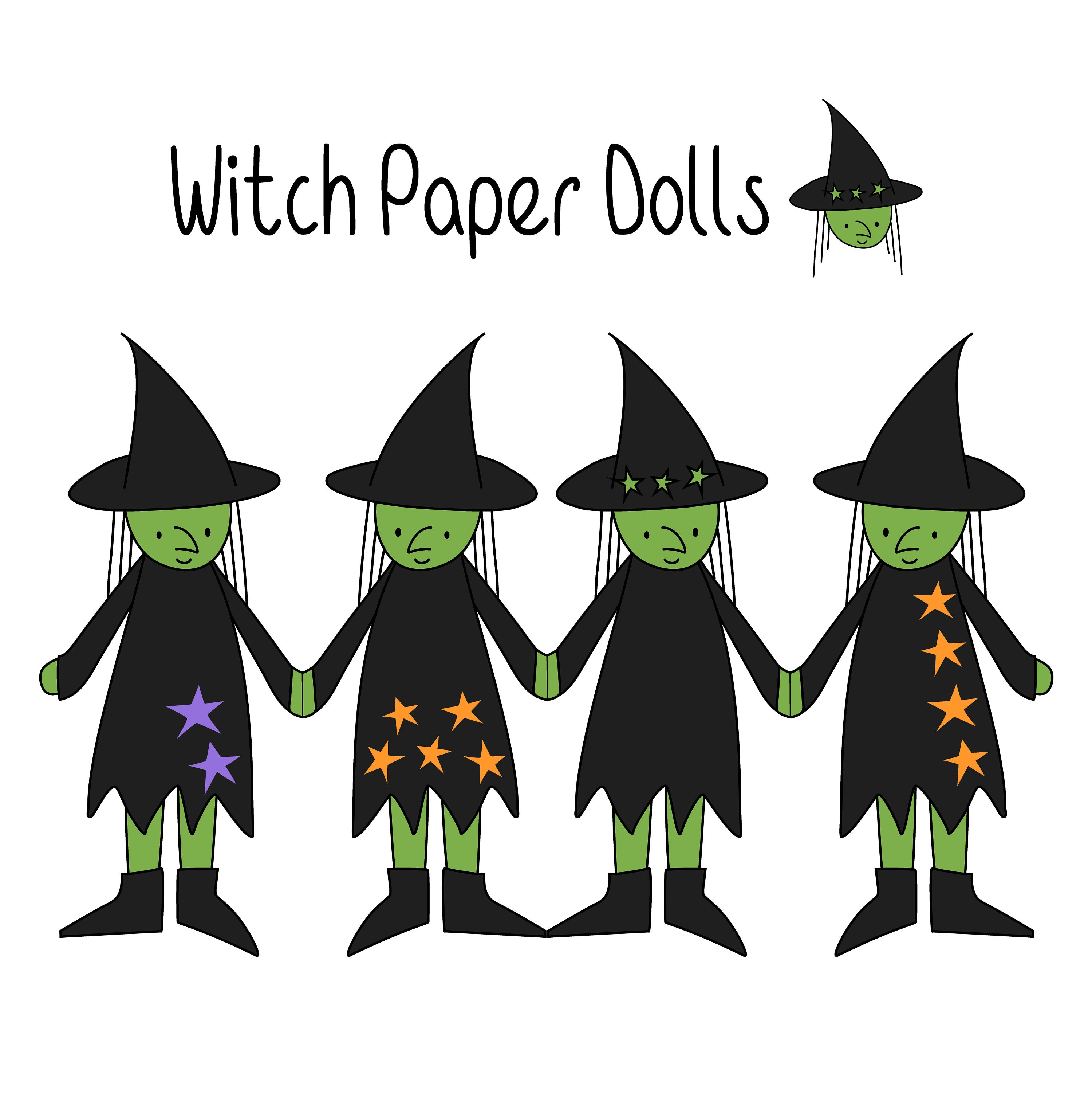 Printable WITCHES Paper Dolls Chain Template. PAPER DOLLIES, Kids ...