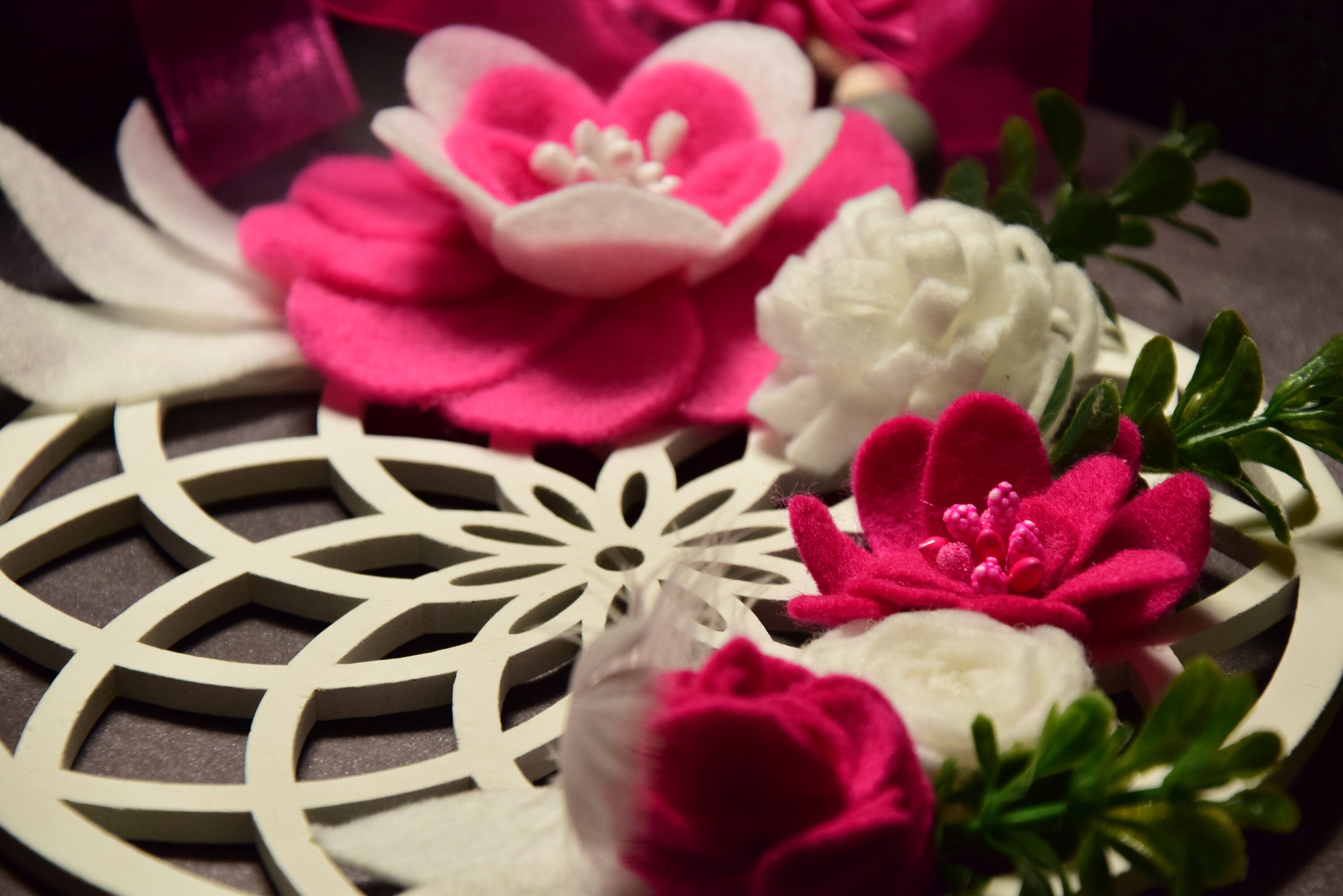 Felt Flower Wreath, Grapevine Wreath, Felt Florals, Fuxia Felt Flower ...