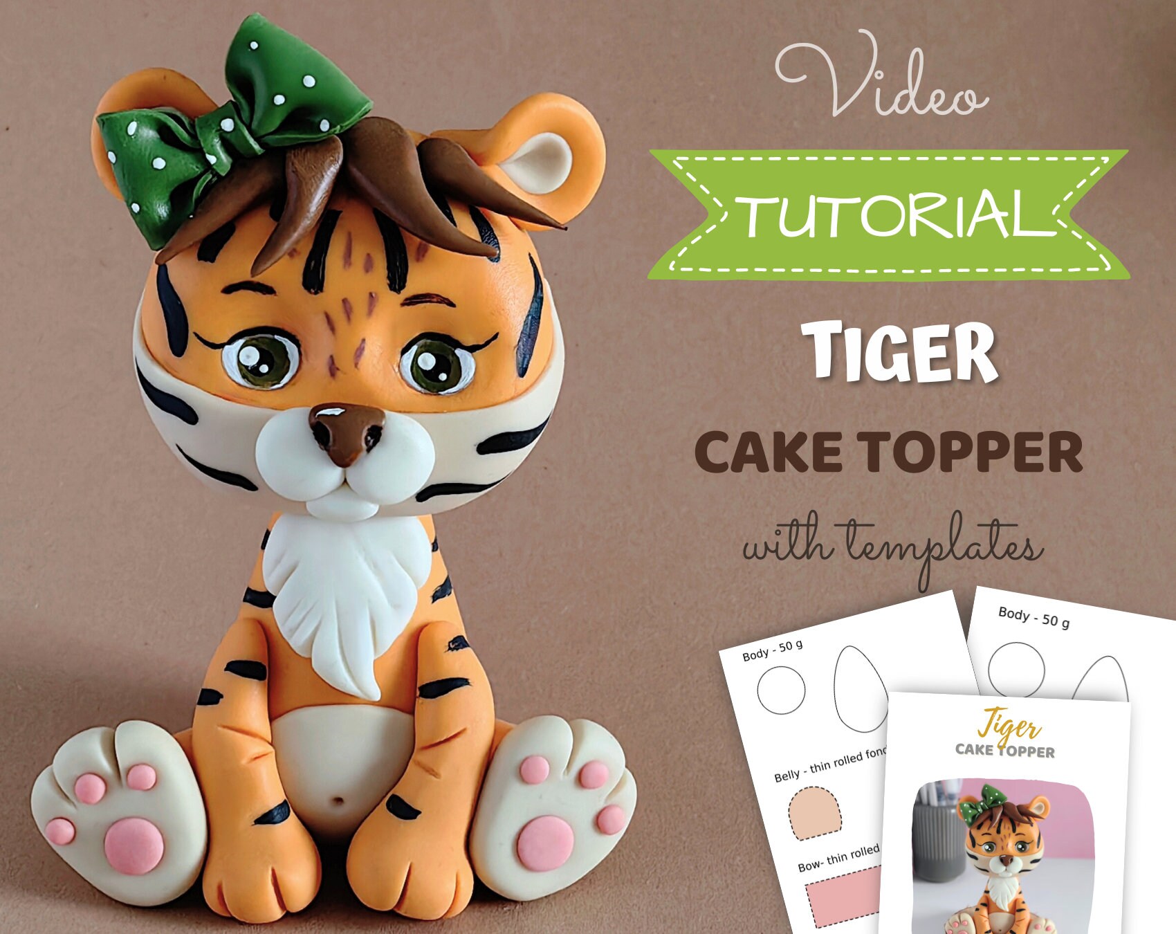 Tiger cake topper VIDEO Tutorial with templates