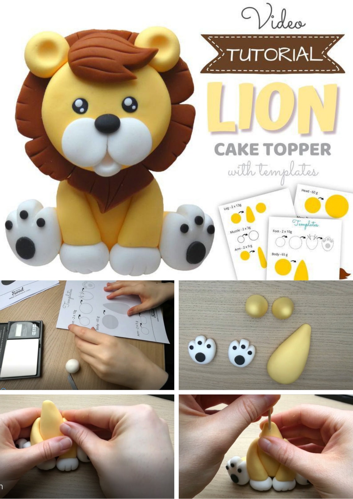 Lion cake topper VIDEO Tutorial with templates | Etsy