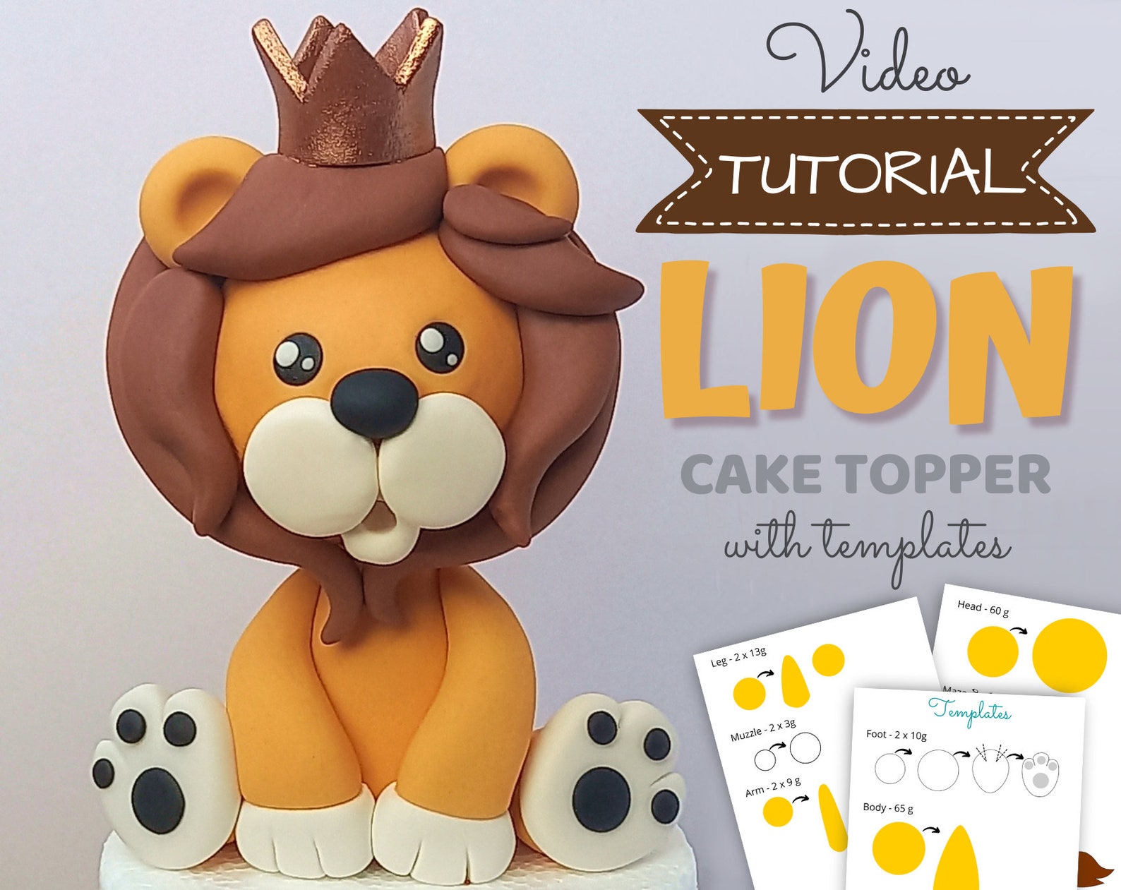 Lion Cake Topper VIDEO Tutorial With Templates | Etsy