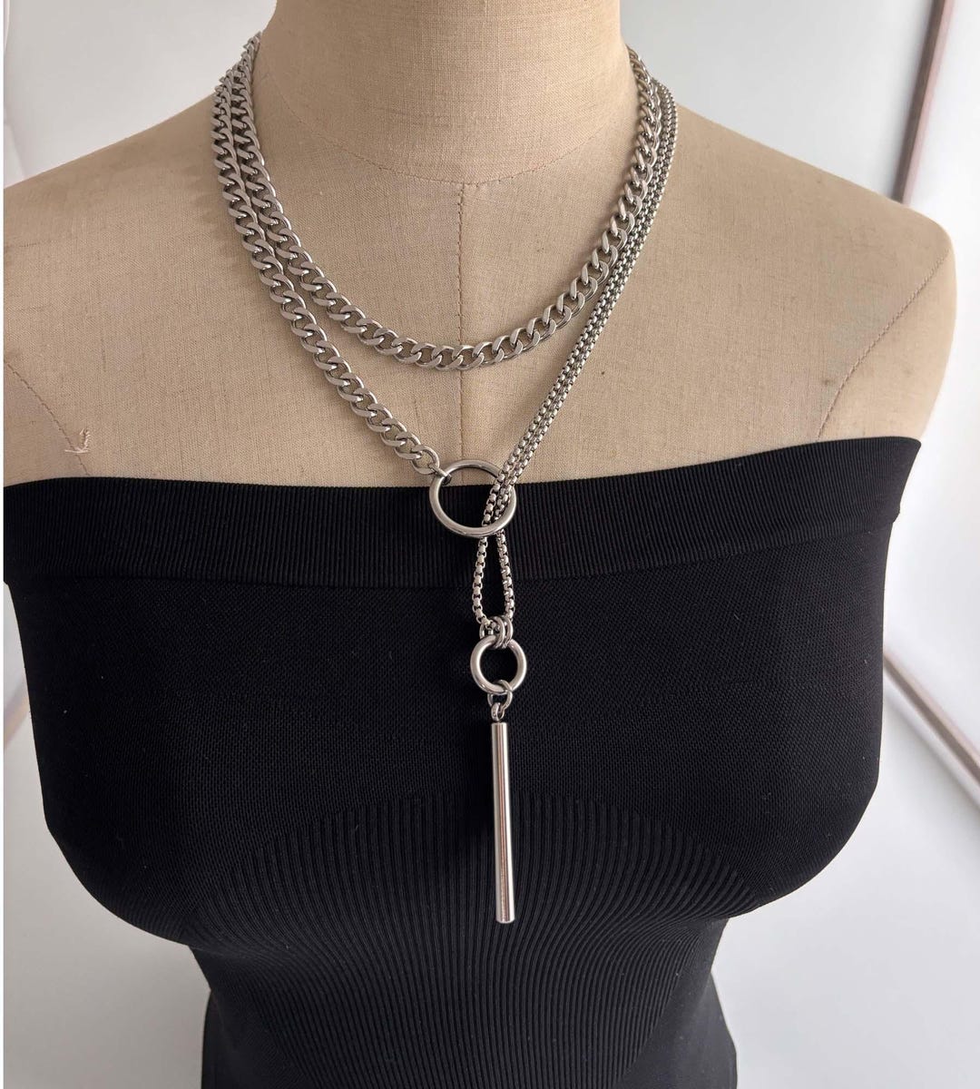 Stainless Steel Lasso Necklace: Interwoven Cuban and Box Chains, O-ring ...