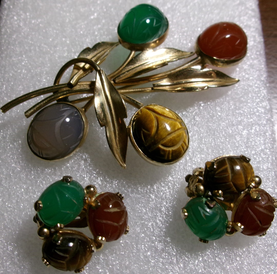 Vintage CARL ART 12k Gf Scarab Brooch and Earrings Set Genuine Stones ...