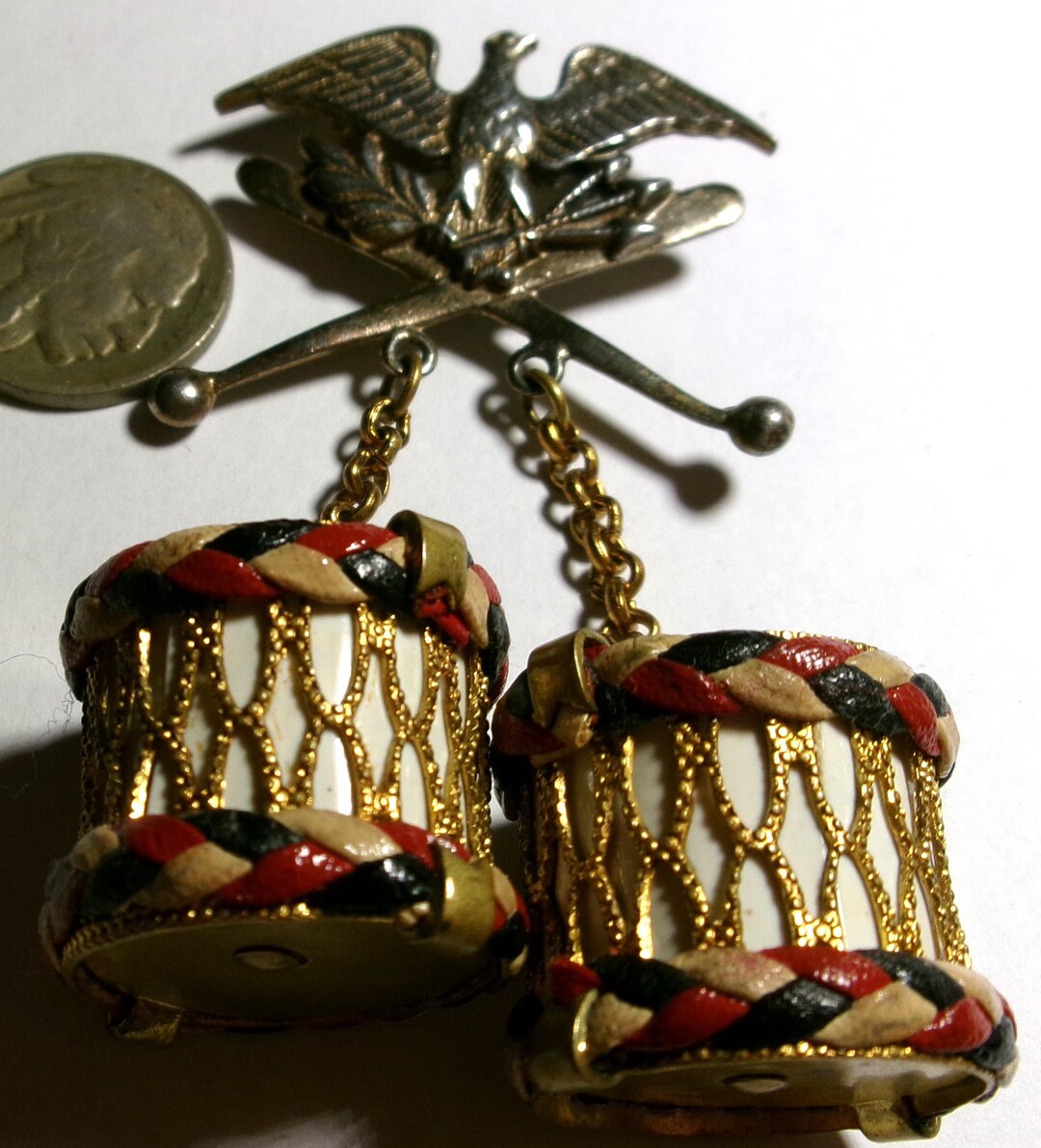 1940s Sweetheart Patriotic WW2 Eagle and Drums Hanging Brooch Pin WWII ...