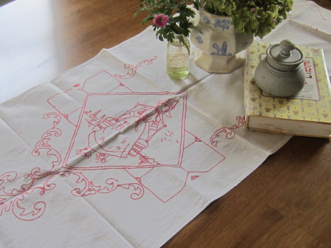 Elegant Antique Redwork Dutch Girl Table Topper 44 X 18" - Etsy