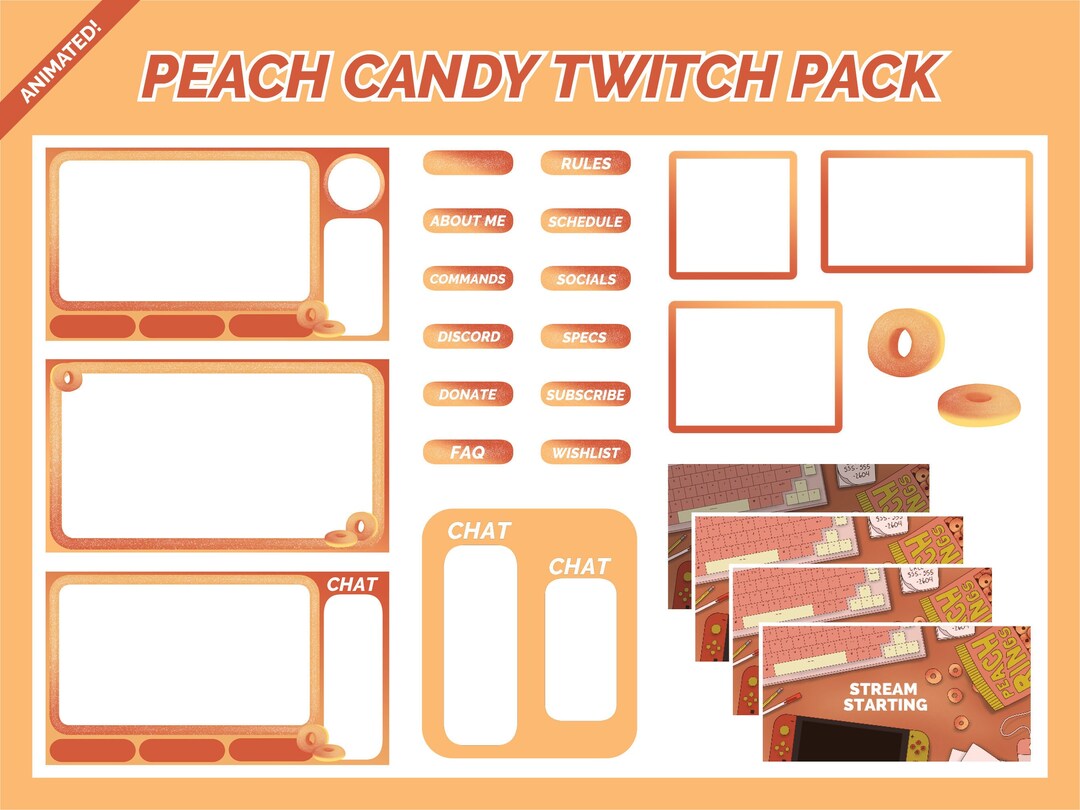 ANIMATED Peach Candy Twitch Overlay Package Live Stream Branding ...