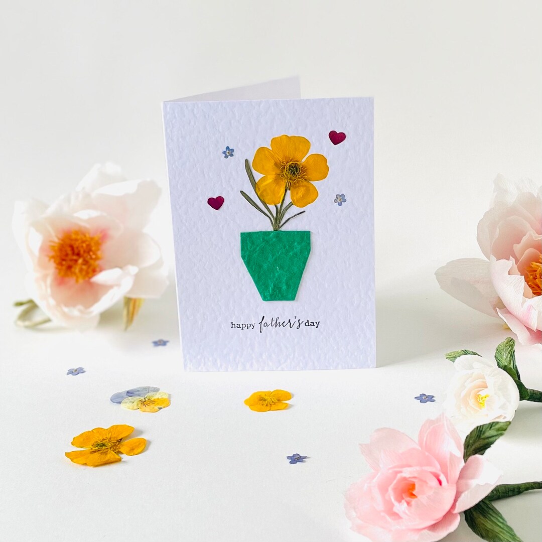 Fathers Day Flower Card for Garden Lover, Pressed Flower Plant Pot Card ...