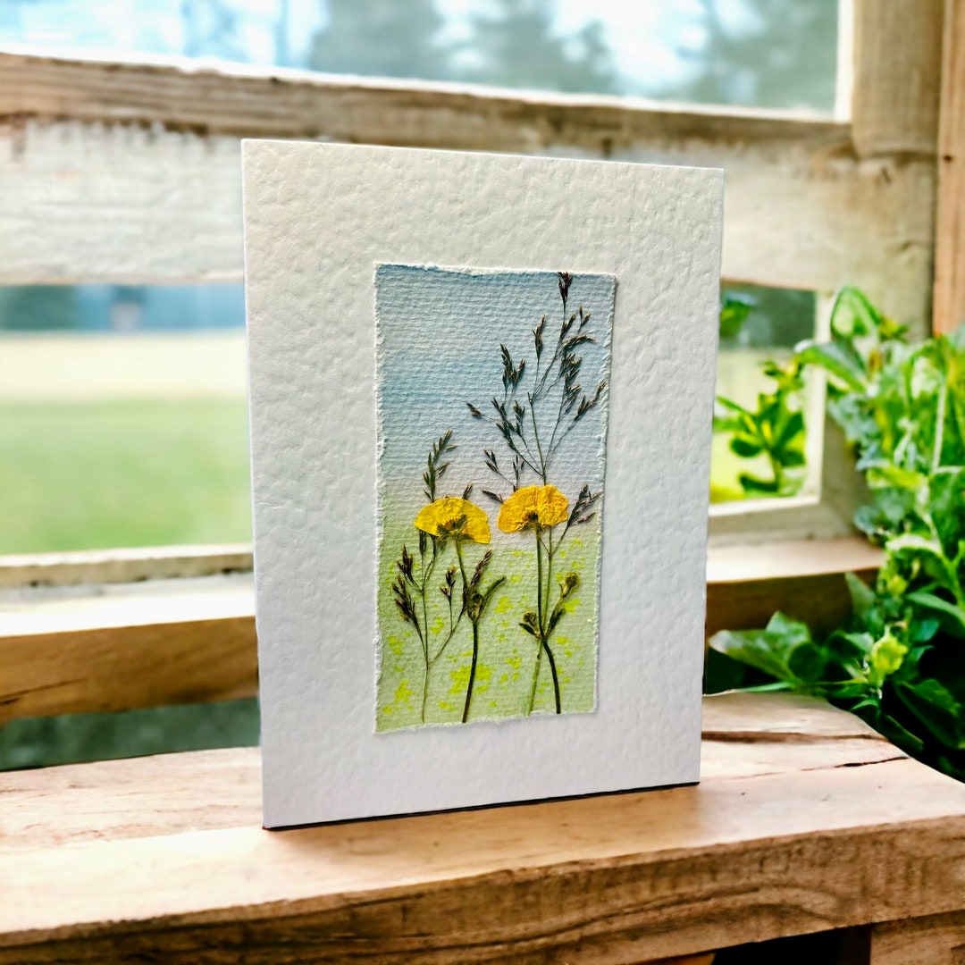 Handmade Watercolour Landscape Art Card, Real Pressed Flower Buttercup ...