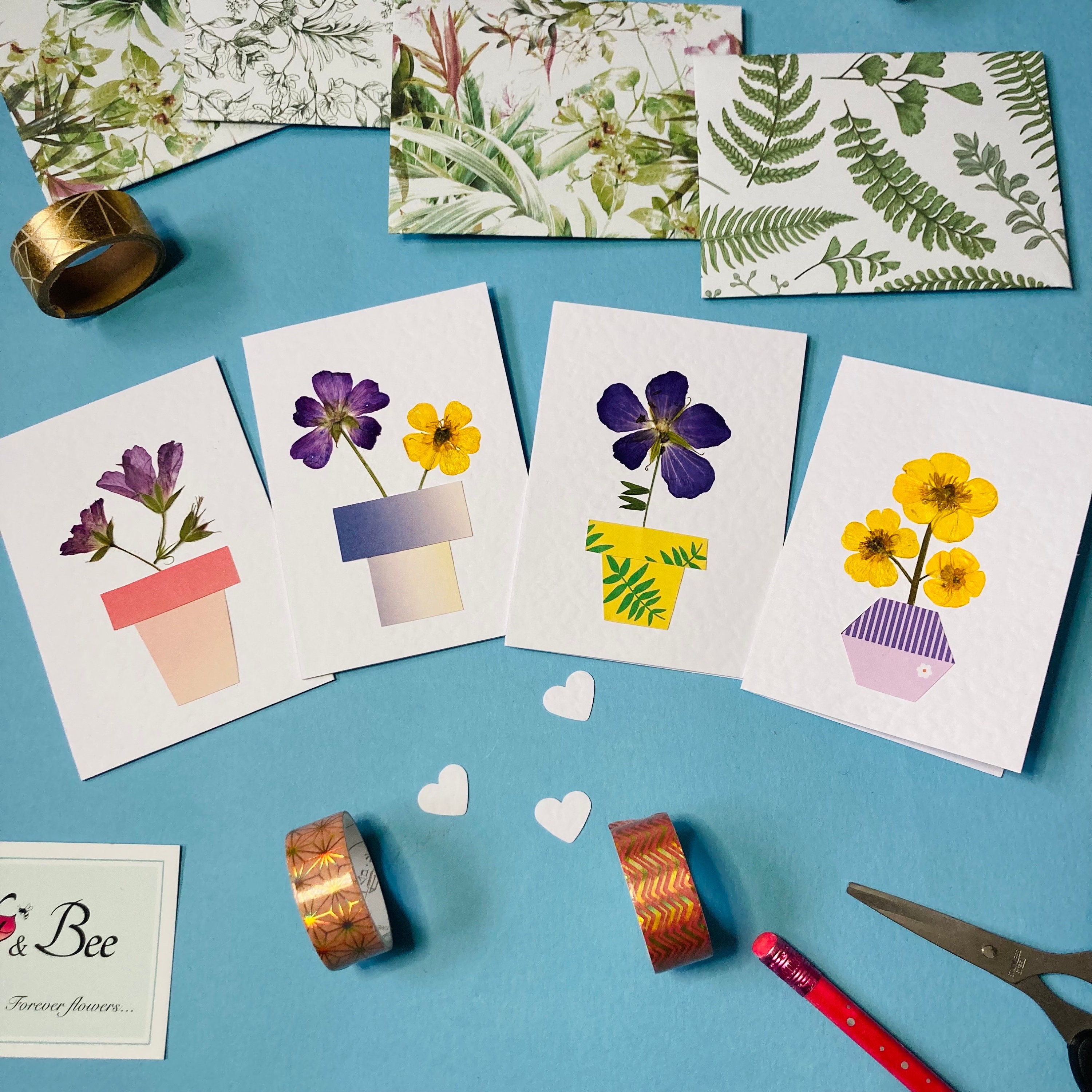 Pressed Flower Note Cards and Handmade Botanical Print Envelopes, Mini ...