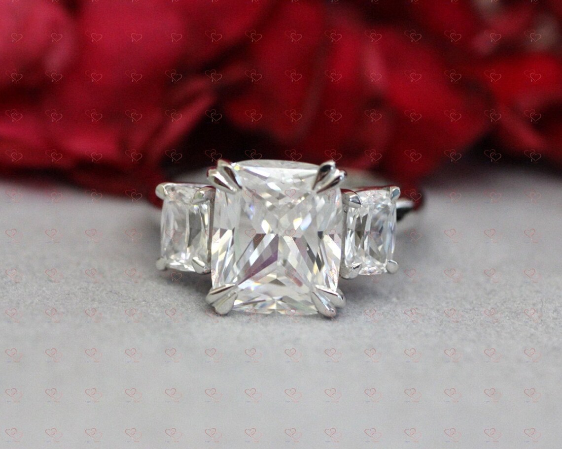 Three Stone Cushion Diamond Statement Engagement Ring - Etsy