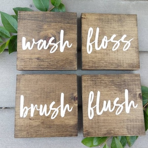 Wash brush floss flush sign set 4 bathroom signs | Etsy
