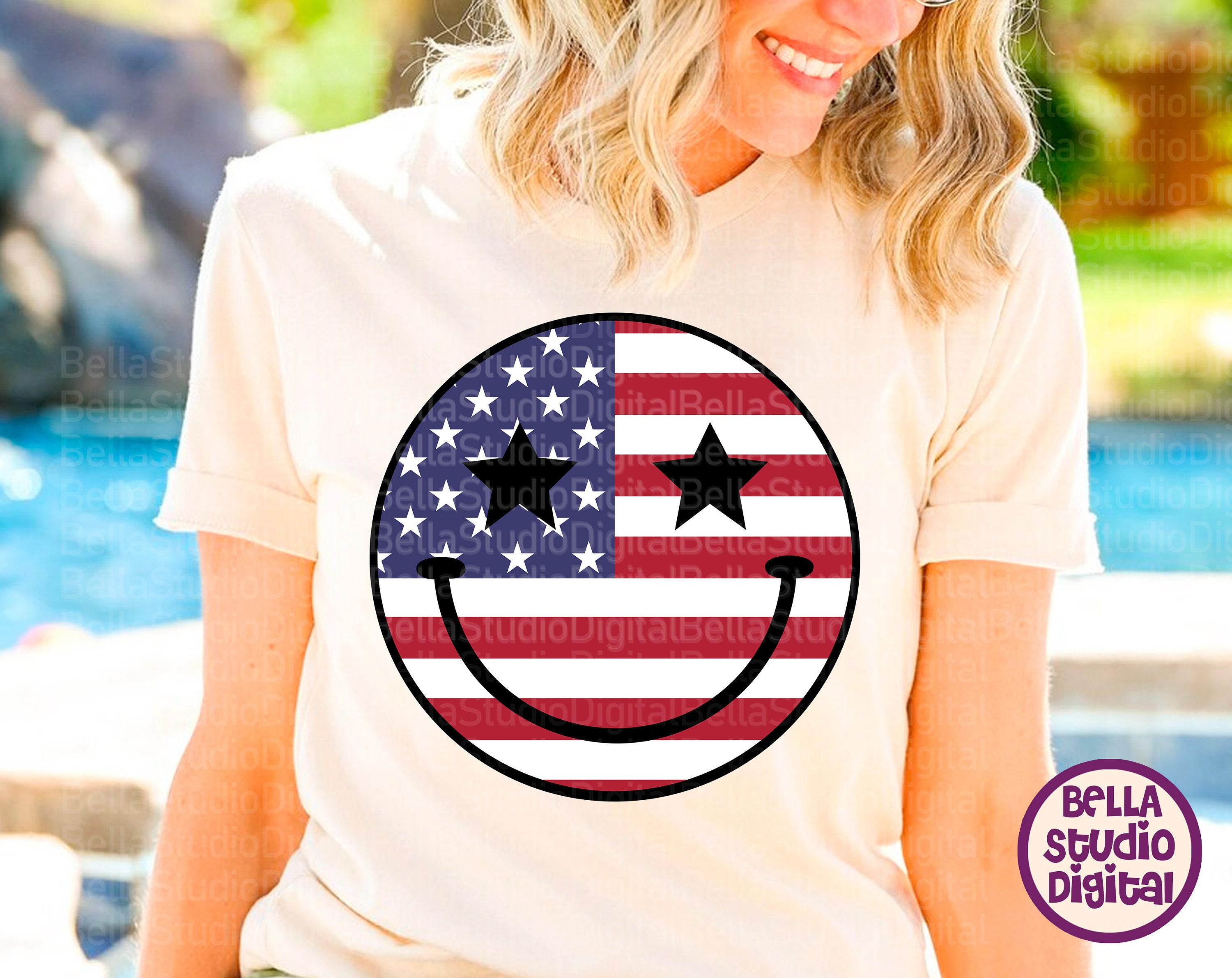 American Flag Smiley Bundle, 4th of July, Retro Smiley Svg, Patriotic ...