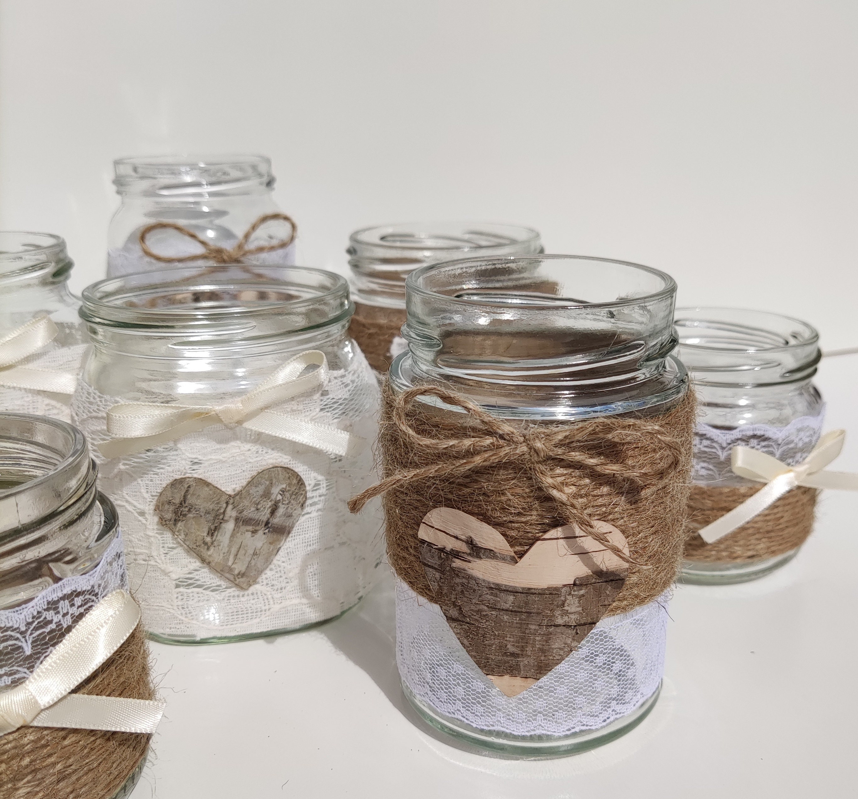 10 Vintage Look Wedding Lights Handmade Hessian Jars Glass Tea Light ...